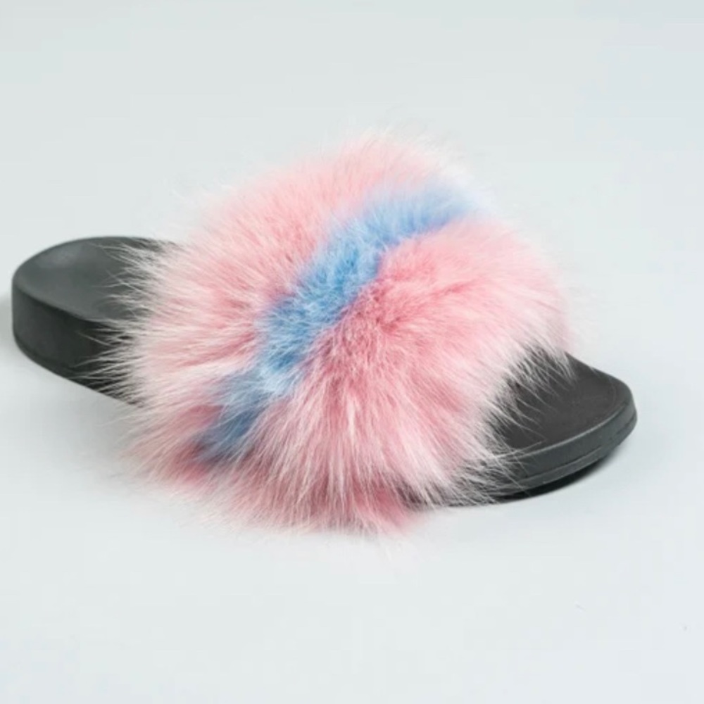 Pink Faux Fur Slides With Blue Stripe,Fluffy Slides,R… - Gem